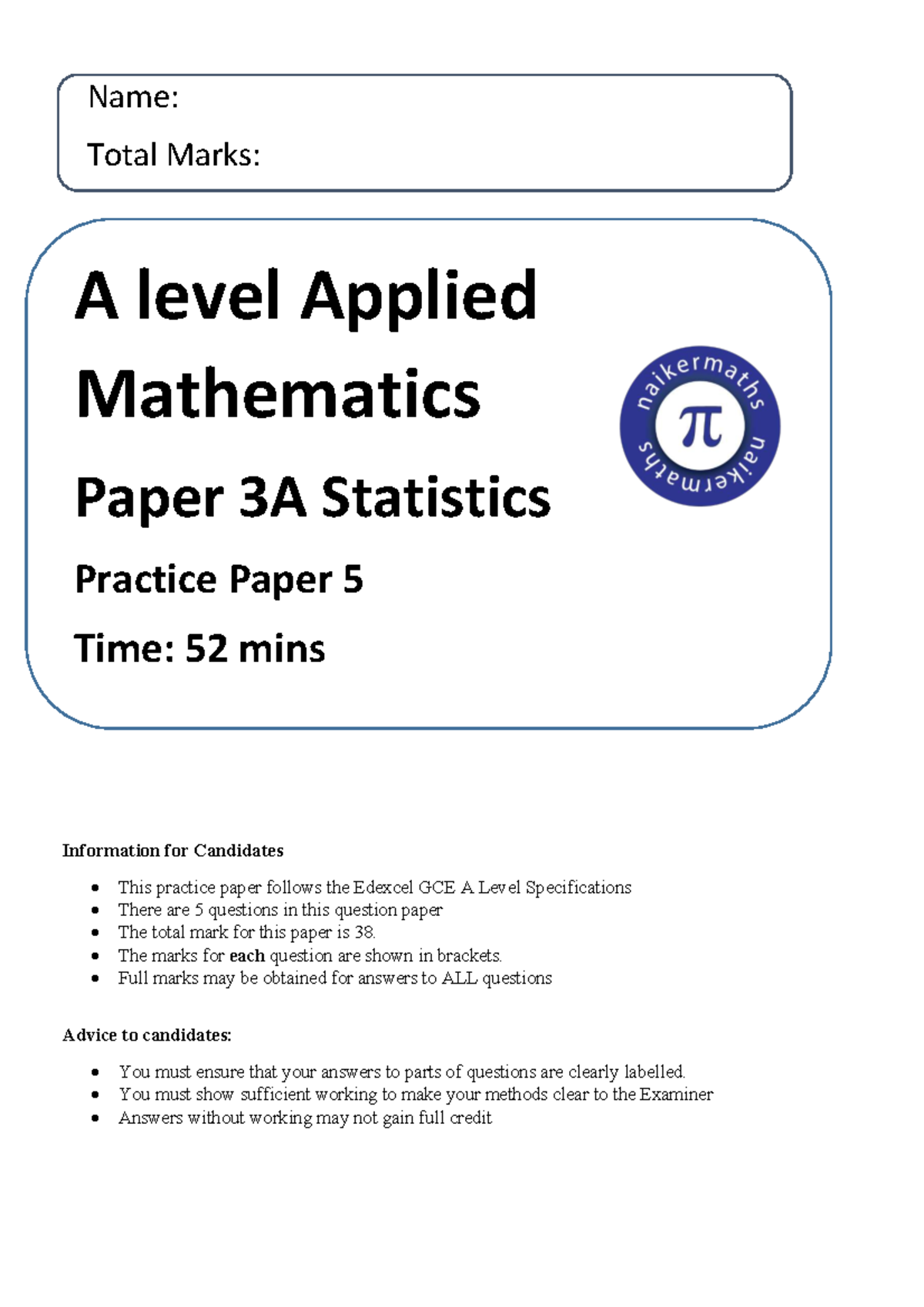 A Level Applied Mathematics Paper 3A Statistics Practice Paper 5 - Studocu