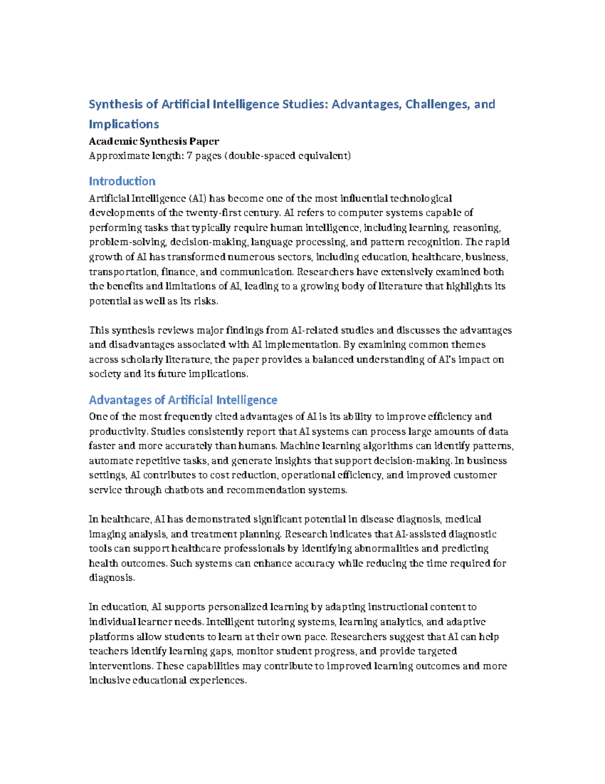 AI Synthesis: Pros, Cons, and Implications - Academic Paper - Studocu