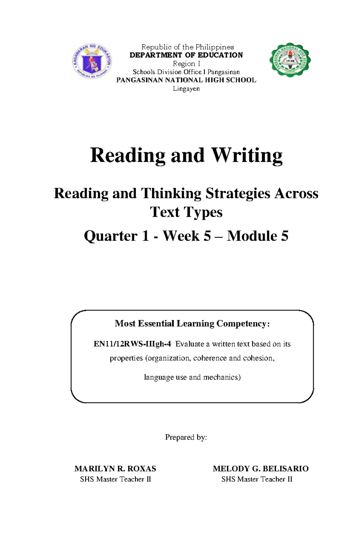EN11/12RWS-IIIgh-4 Lesson 5: Org., Coherence & Cohesion in Texts - Studocu
