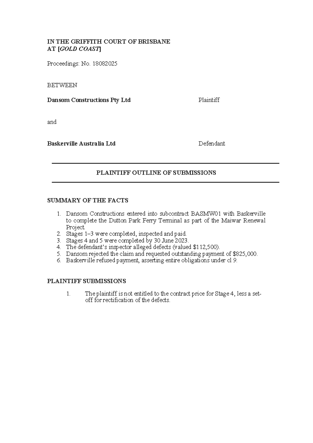 Plaintiff Outline of Submissions - Case No. 18082025 - Studocu