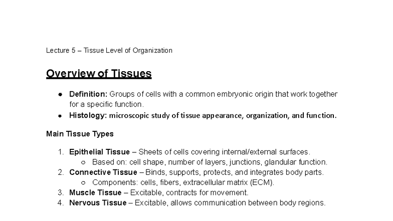 Lecture 5: Tissue Level of Organization in Human Anatomy (Wk 5) - Studocu