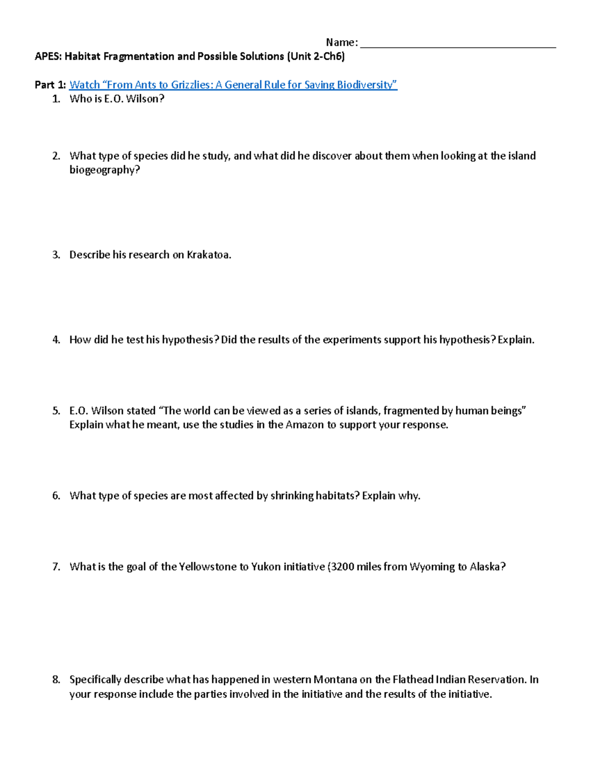 APES Unit 2, Ch 6: Habitat Fragmentation - From Ants to Grizzlies - Studocu