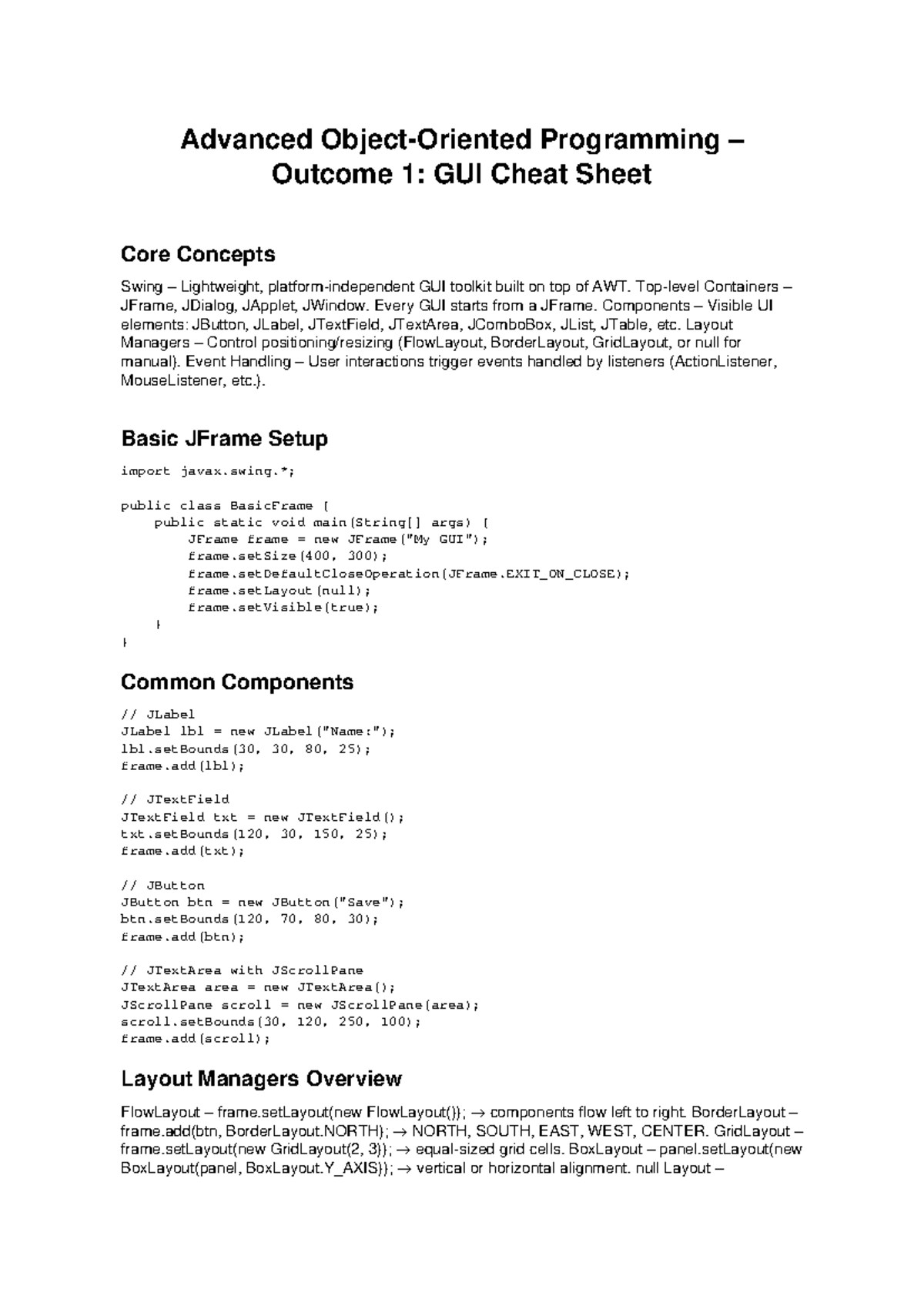 AOOP Outcome 1: GUI Cheat Sheet for Swing Components and Layouts - Studocu