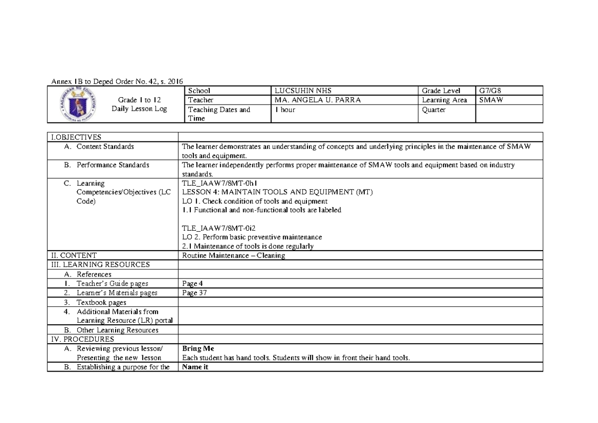Daily Lesson Log: Cleaning and Maintenance of SMAW Tools (TLE_IAAW7/8MT ...