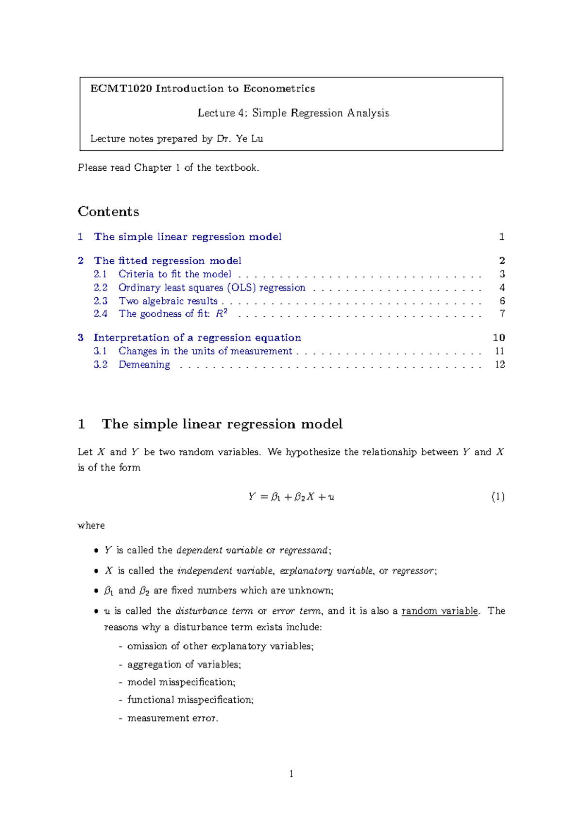 ECMT1020 Lecture 4: Simple Regression Analysis Notes - Studocu