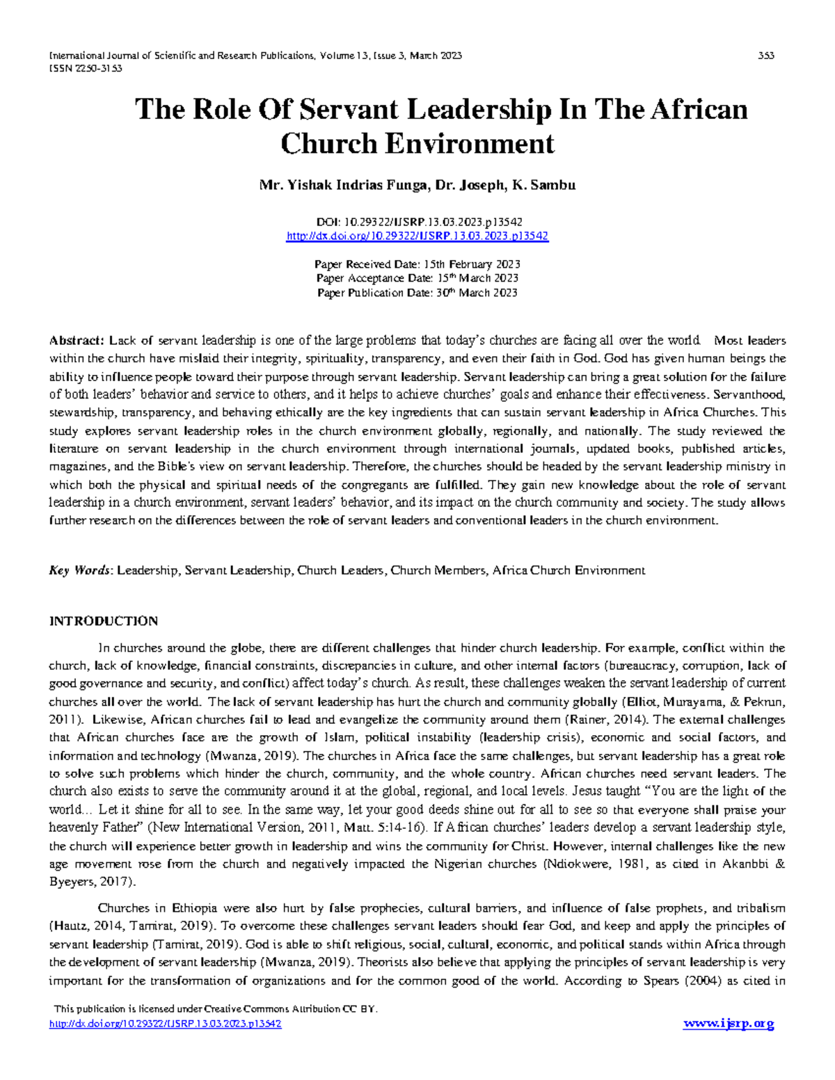 The Role of Servant Leadership in African Churches: A Study (IJSRP 13:3 ...