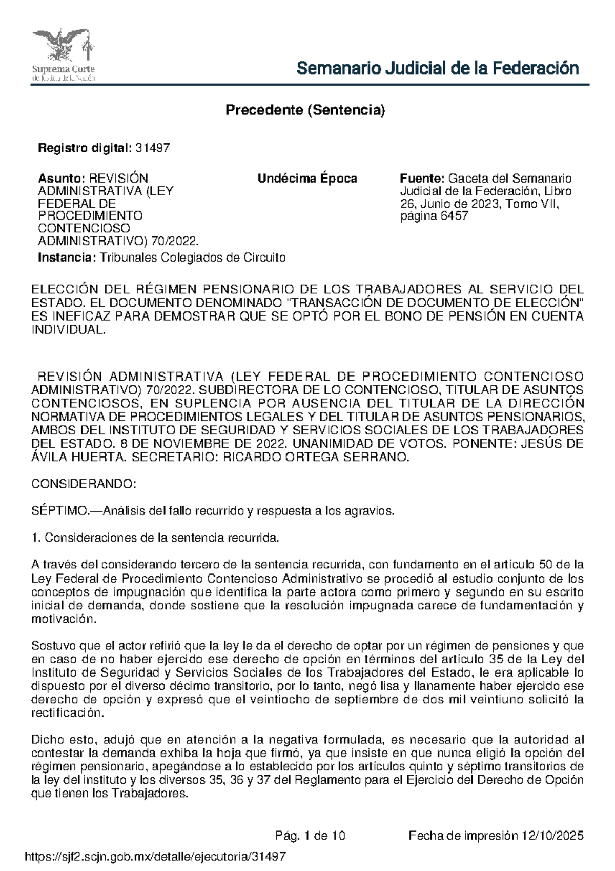 Sentencia 31497: Elección del Régimen Pensionario de Trabajadores - Studocu