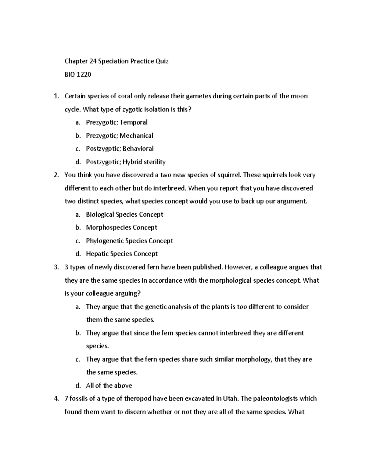 BIO 1220 Chapter 24 Speciation Practice Quiz - Studocu