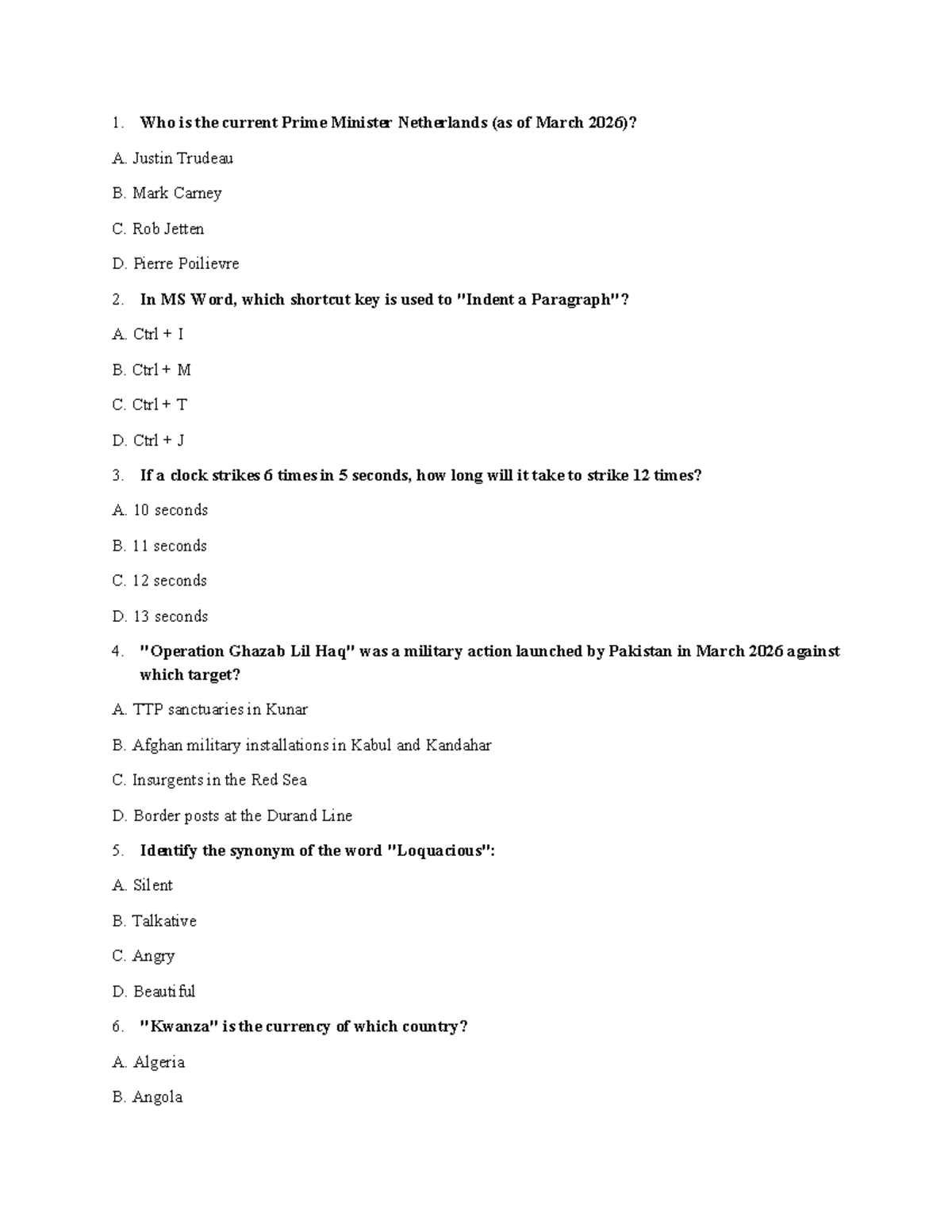 ALL4 - Practice Test Paper for Current Affairs and Shortcuts - Studocu