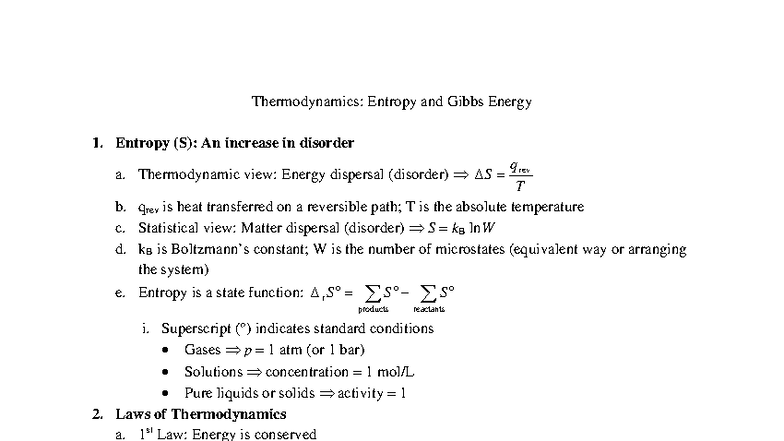 Study Guide Exam 3 - Thermodynamics: Entropy and Gibbs Energy Entropy ...