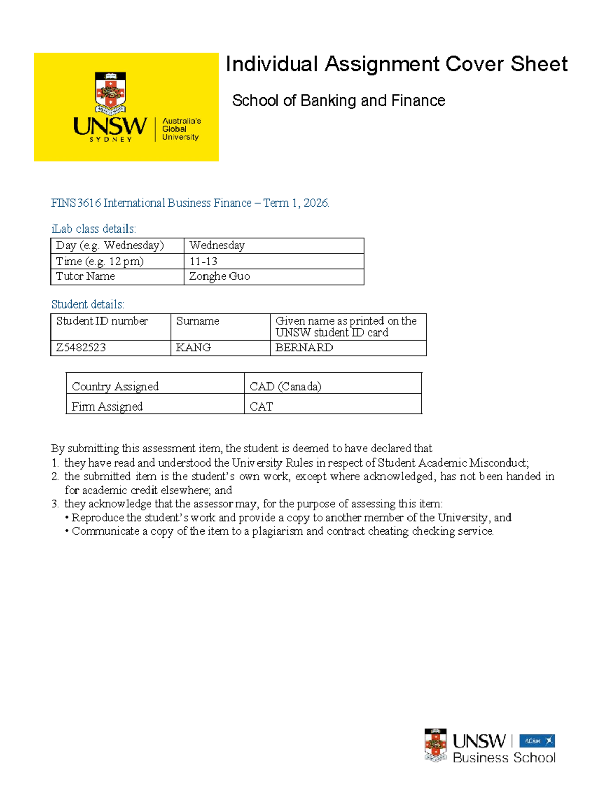 FINS3616 Individual Assignment Cover Sheet - Int'l Business Finance ...
