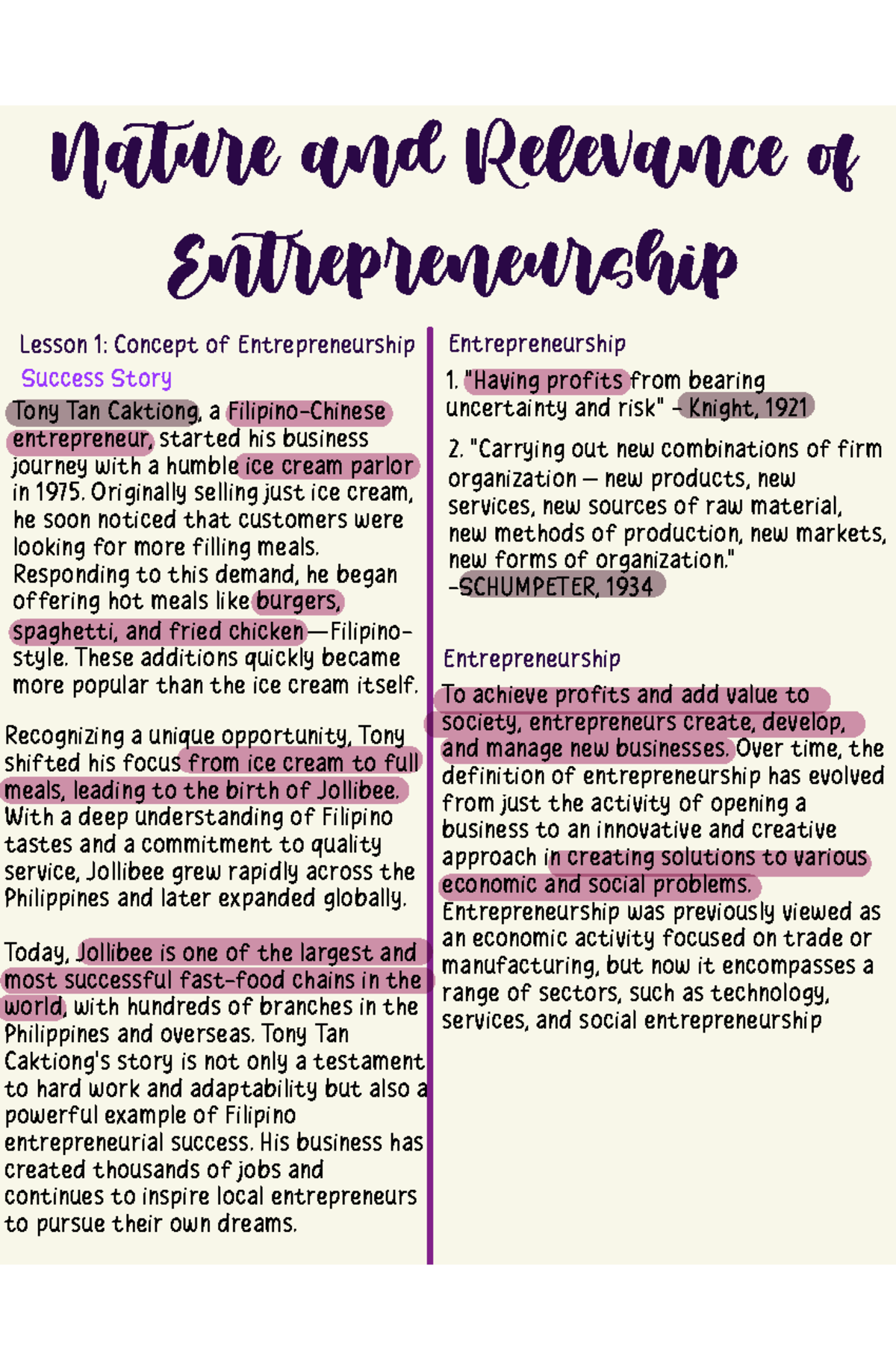 ENTRE 101: Nature and Relevance of Entrepreneurship - Lesson 1 Insights - Studocu