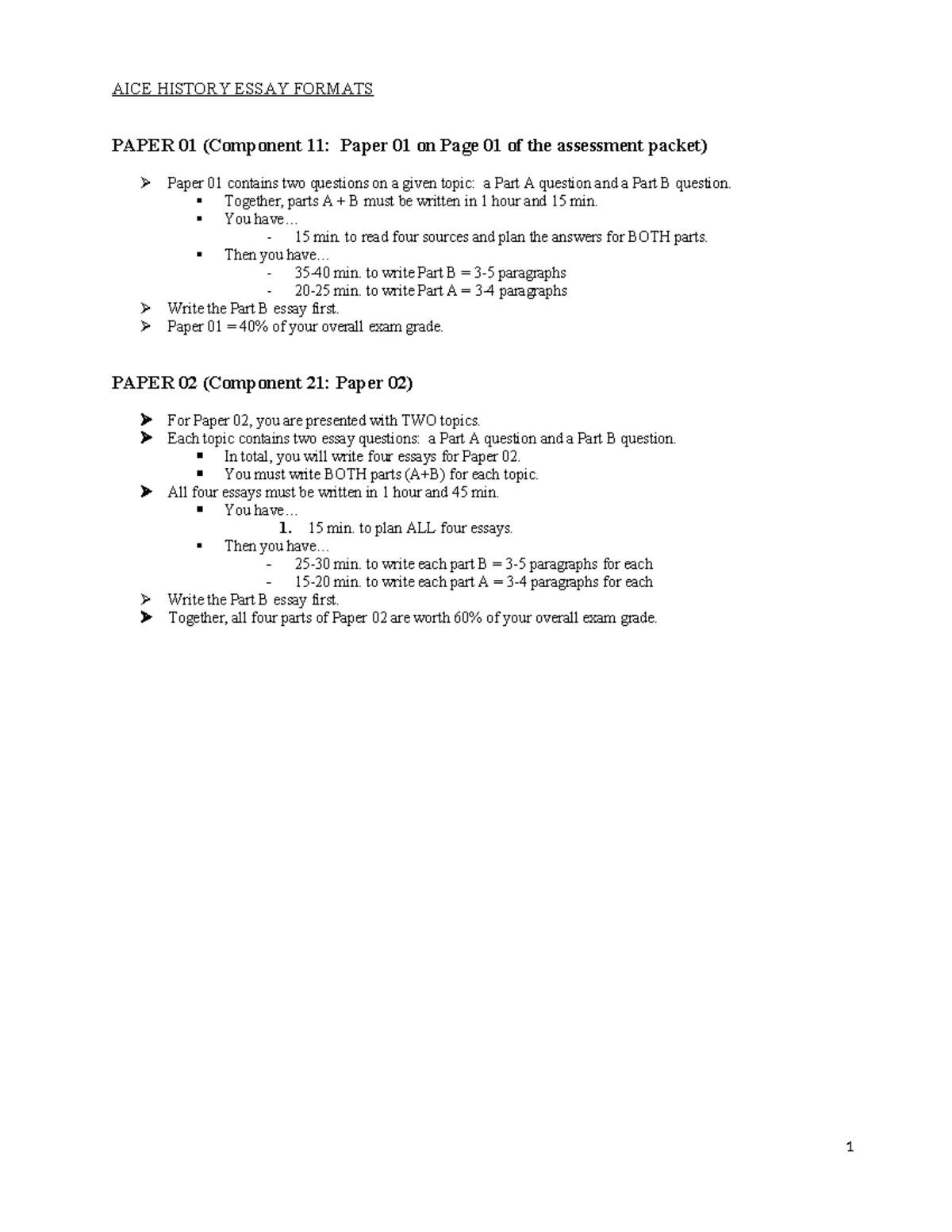 AICE HISTORY ESSAY FORMATS PAPER 01 & 02 GUIDELINES - Studocu