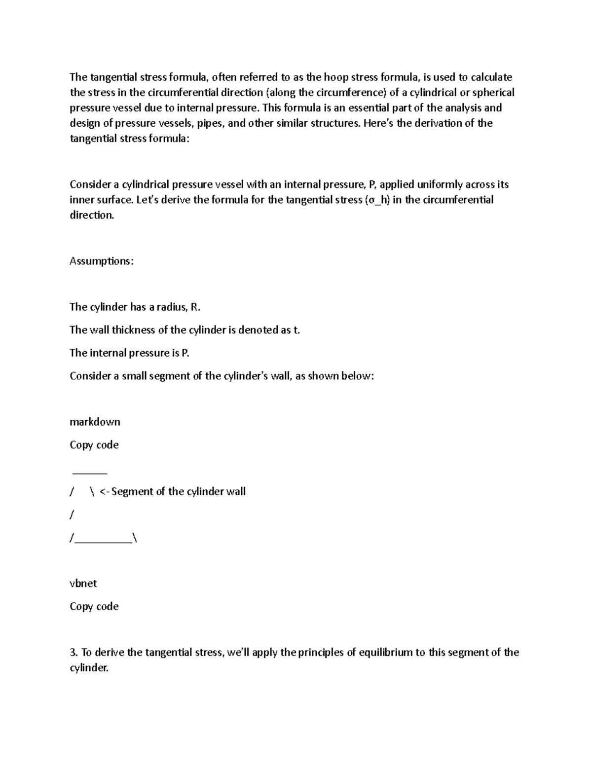 Derivation of Tangential Stress Formula for Cylindrical Vessels - Studocu