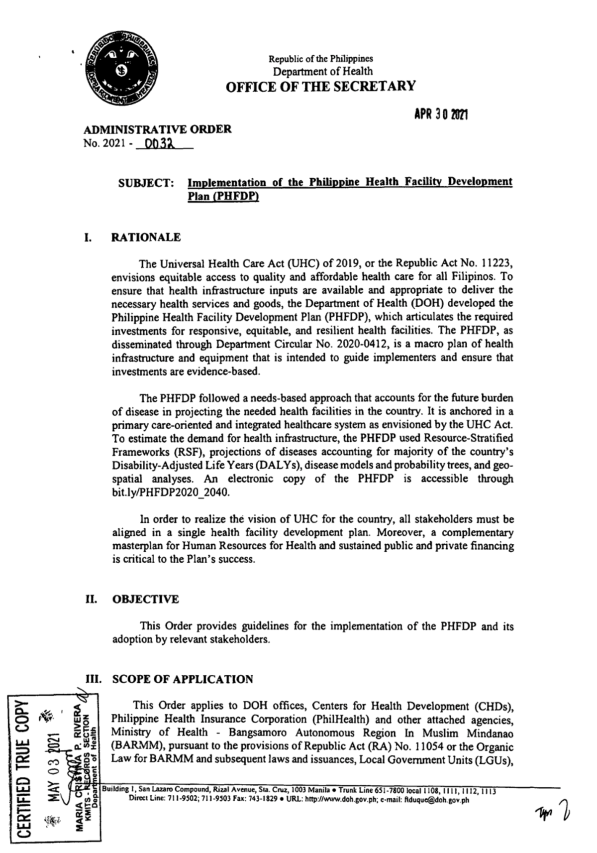 DOH Administrative Order 2019-0032: Implementing the PHFDP - Studocu