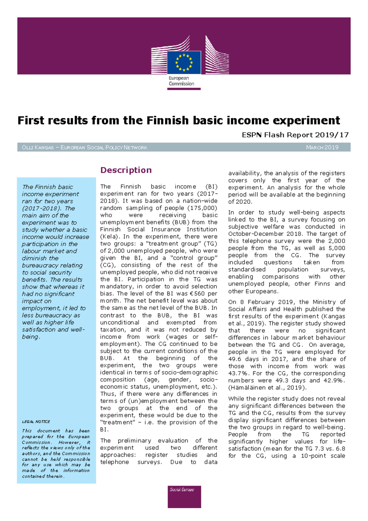 ESPN Flash Report 2019: Finnish Basic Income Experiment Results - Studocu