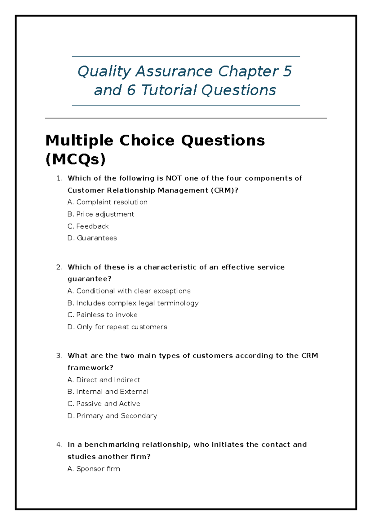 Quality Assurance QA 101: Ch 5 & 6 MCQs & Long Answer Qs - Studocu