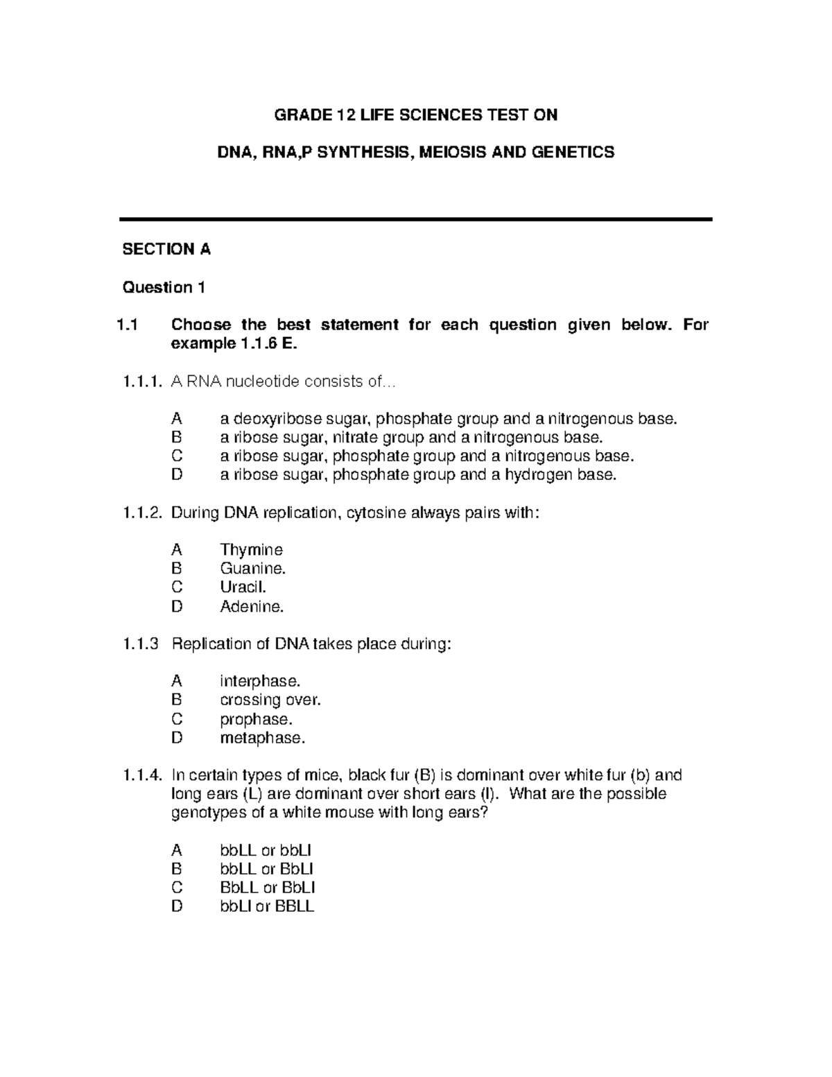 Grade 12 Life Sciences Test: DNA, RNA, Meiosis & Genetics (TEST+MG ...