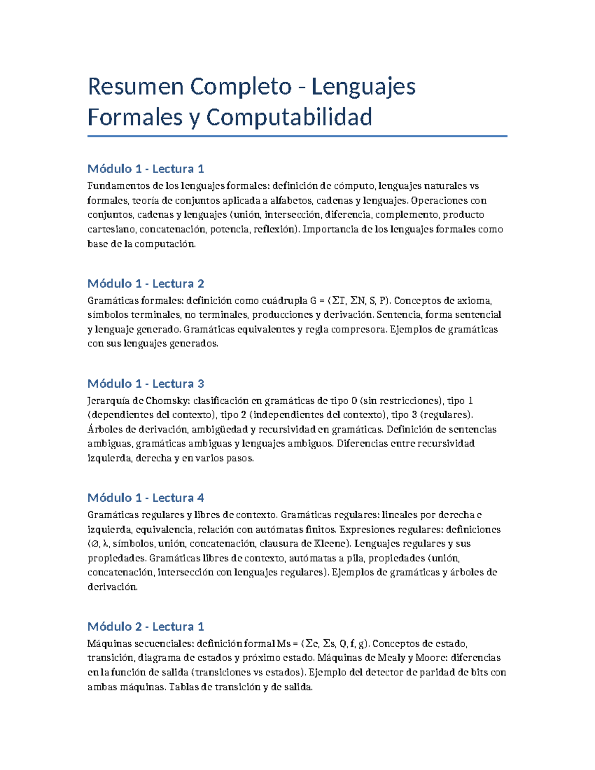 Resumen Completo Módulo 1 Lenguajes Formales y Computabilidad - Studocu