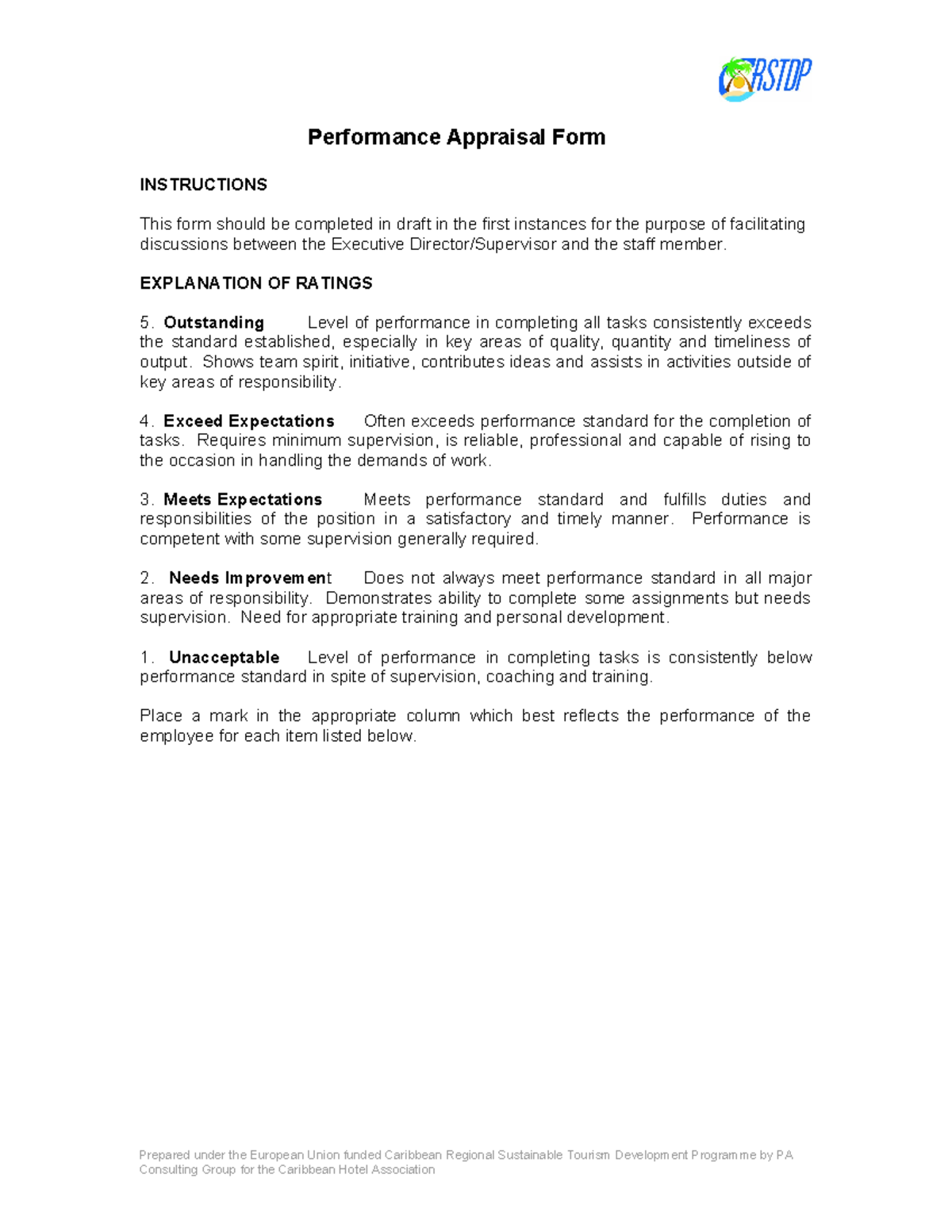 Employee Performance Appraisal Form Template: Instructions & Ratings ...