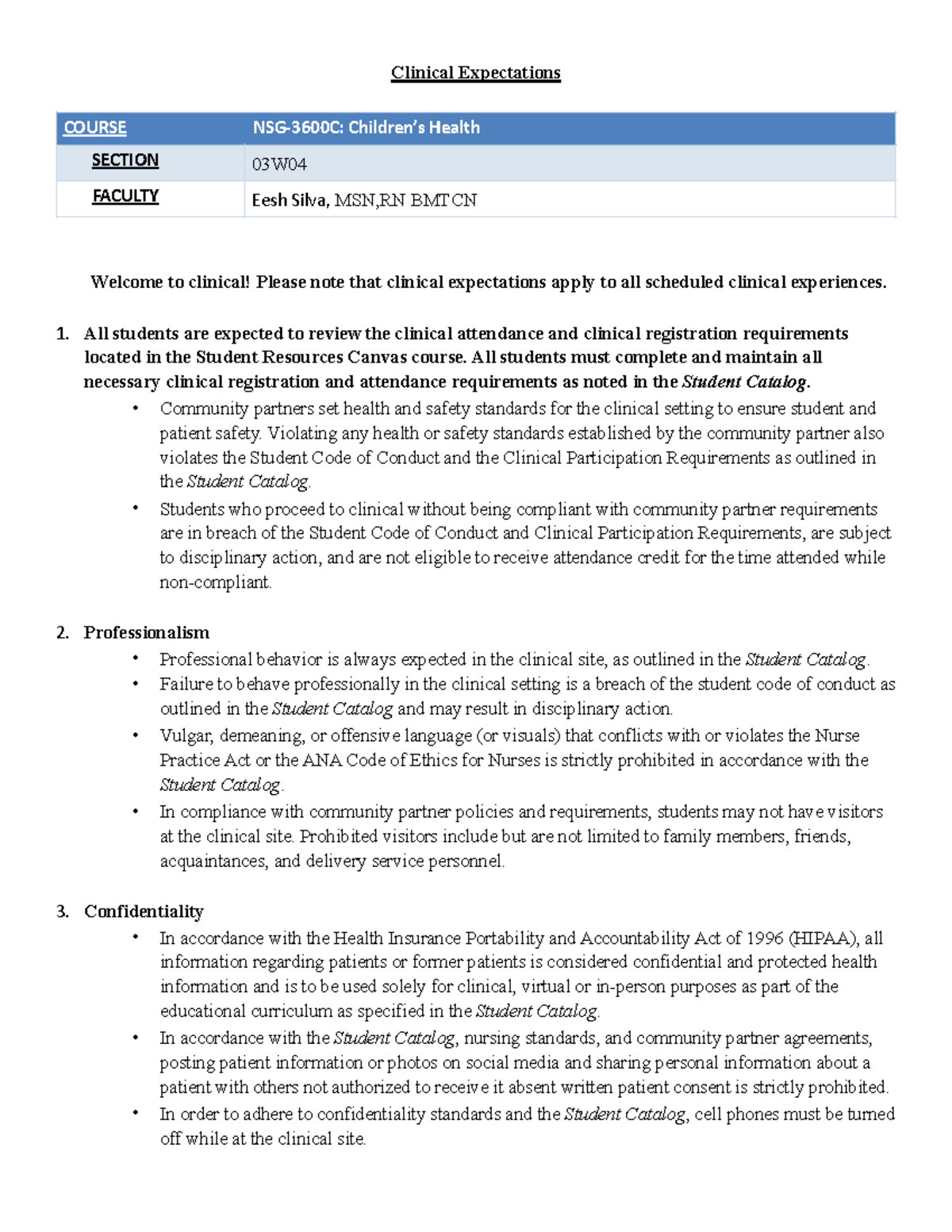 Clinical Expectations for Health Course 03W04: Guidelines & Policies ...