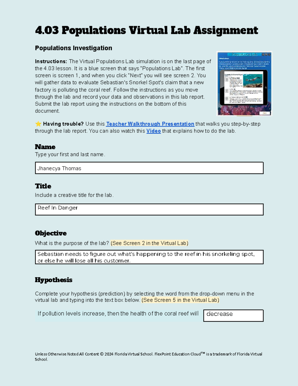 4.03 Populations Virtual Lab Report: Investigating Coral Reef Health ...