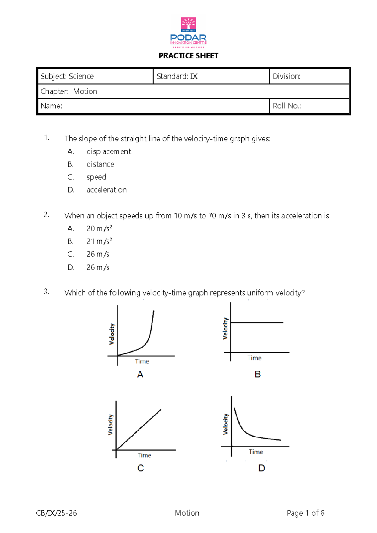 PS CB IX Sci Motion-1 - Extra Questions Practice Sheet - Studocu