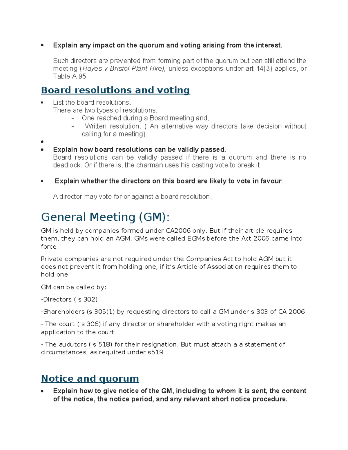 Company Procedure 2 - Assignment - Explain any impact on the quorum and ...