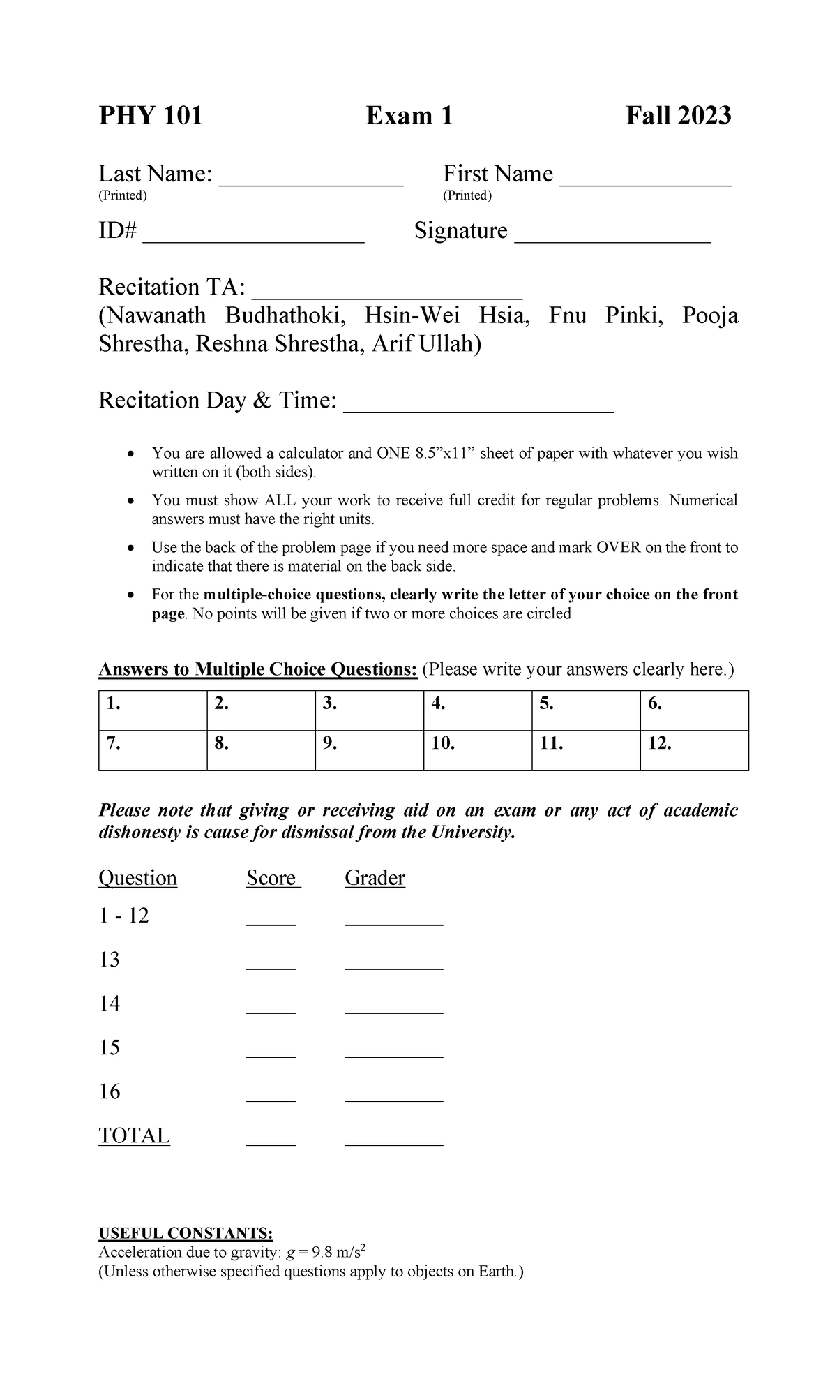 PHY 101 Exam 1 Practice Questions - Fall 2023 - Studocu