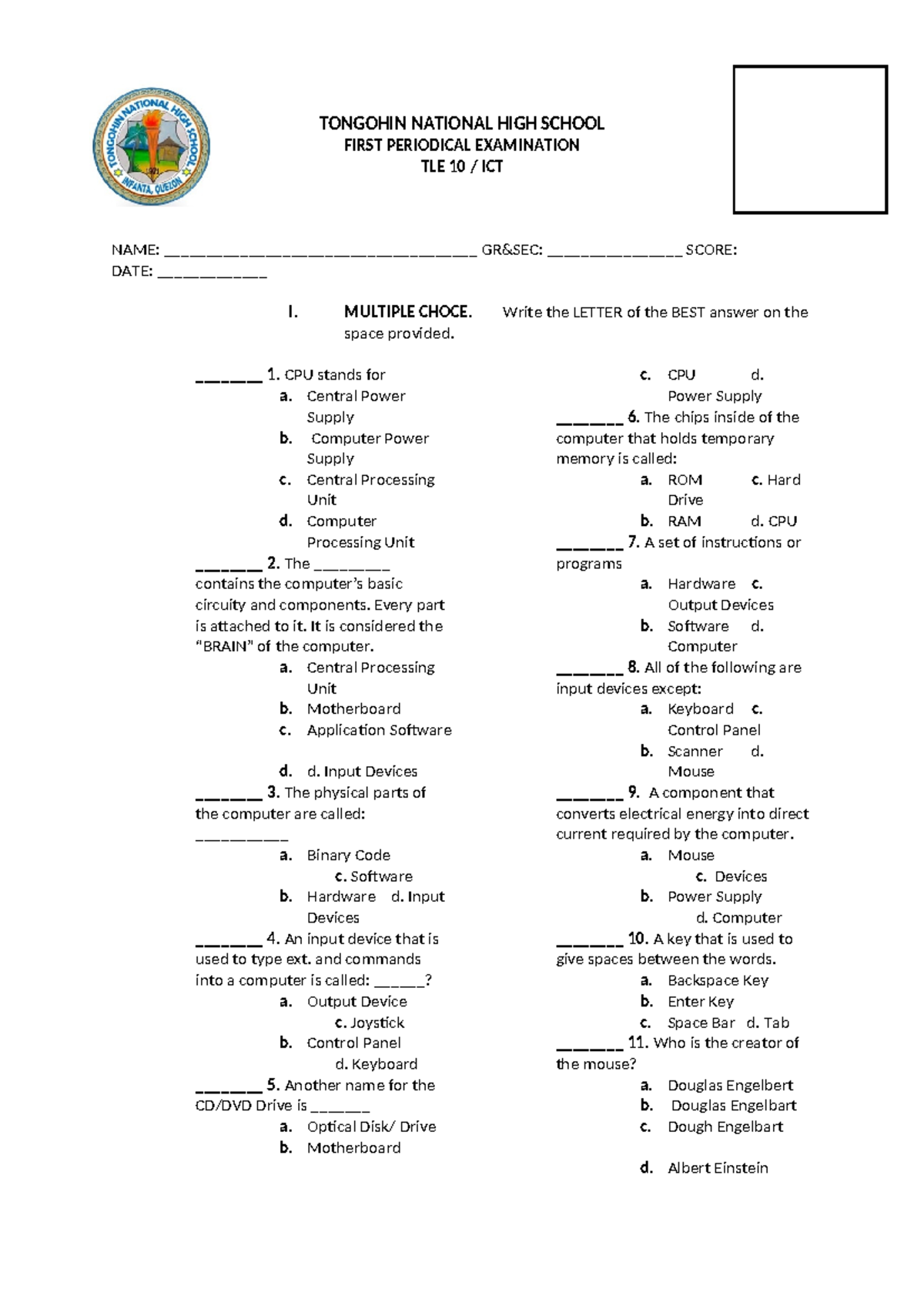 TLE 10 ICT First Periodical Exam Review 2025 - Studocu