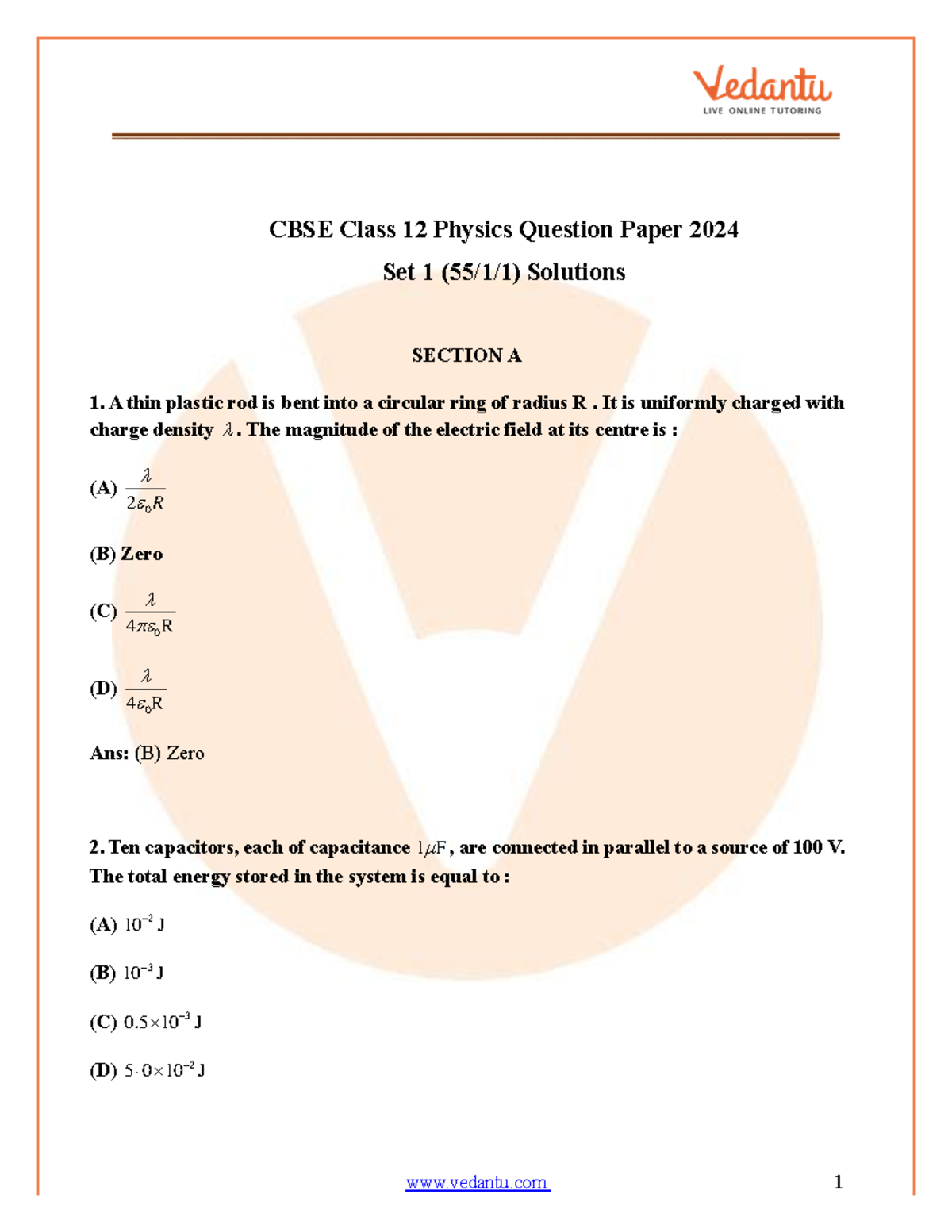 Cbse class 12 physics question paper set 1 55 1 1 2024 - CBSE Class 12 ...