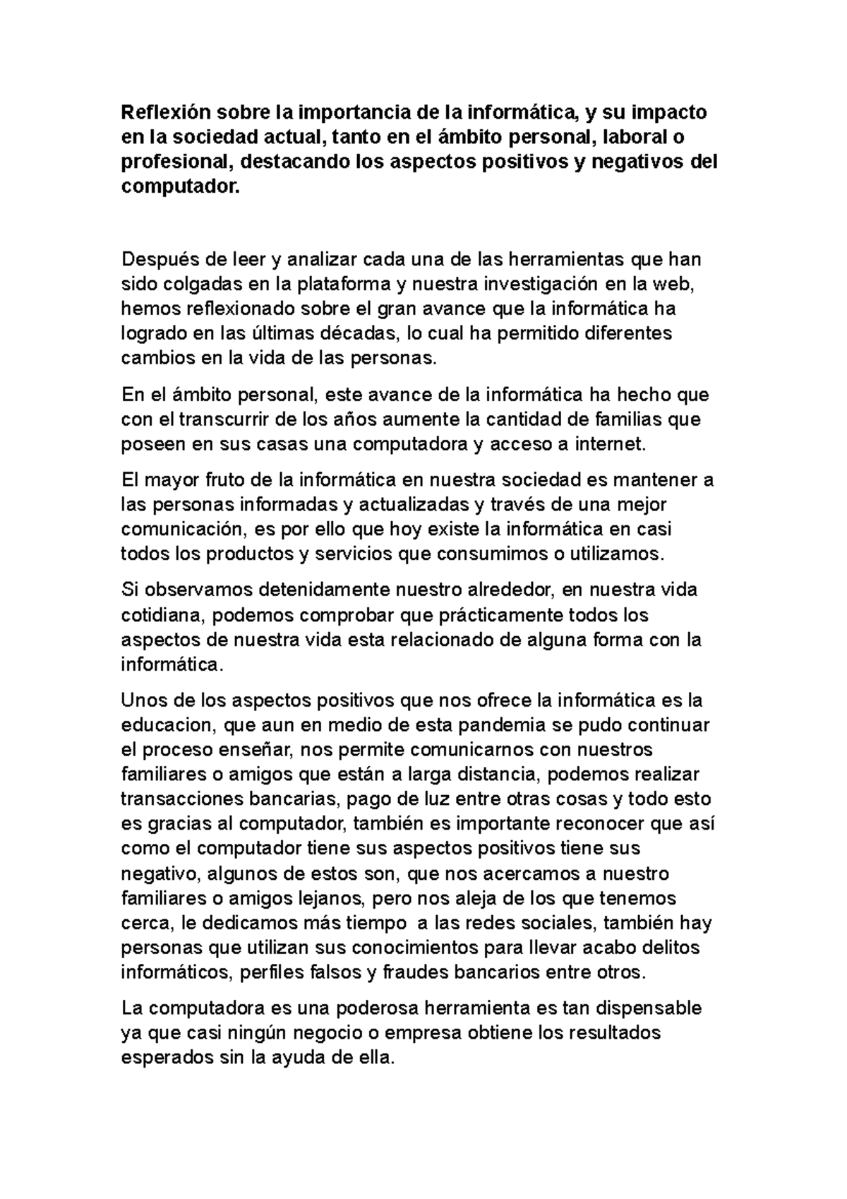 Reflexión sobre la Importancia de la Informática en la Sociedad Actual ...