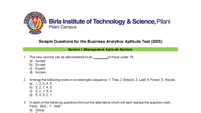 Sample Questions for Business Analytics Aptitude Test (2025) - Studocu