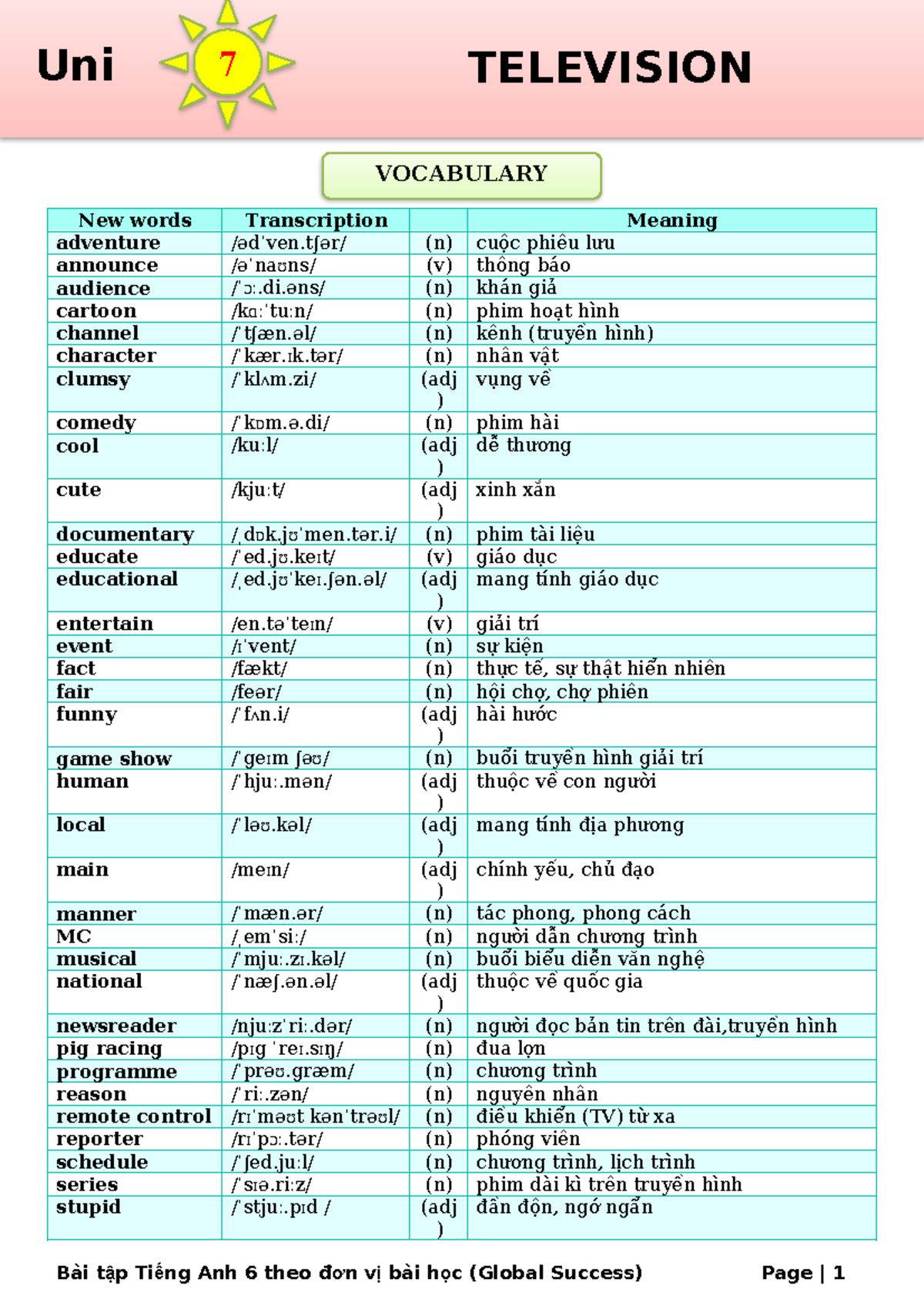 Unit 7: Television Vocabulary and Grammar Exercises (English 6) - Studocu