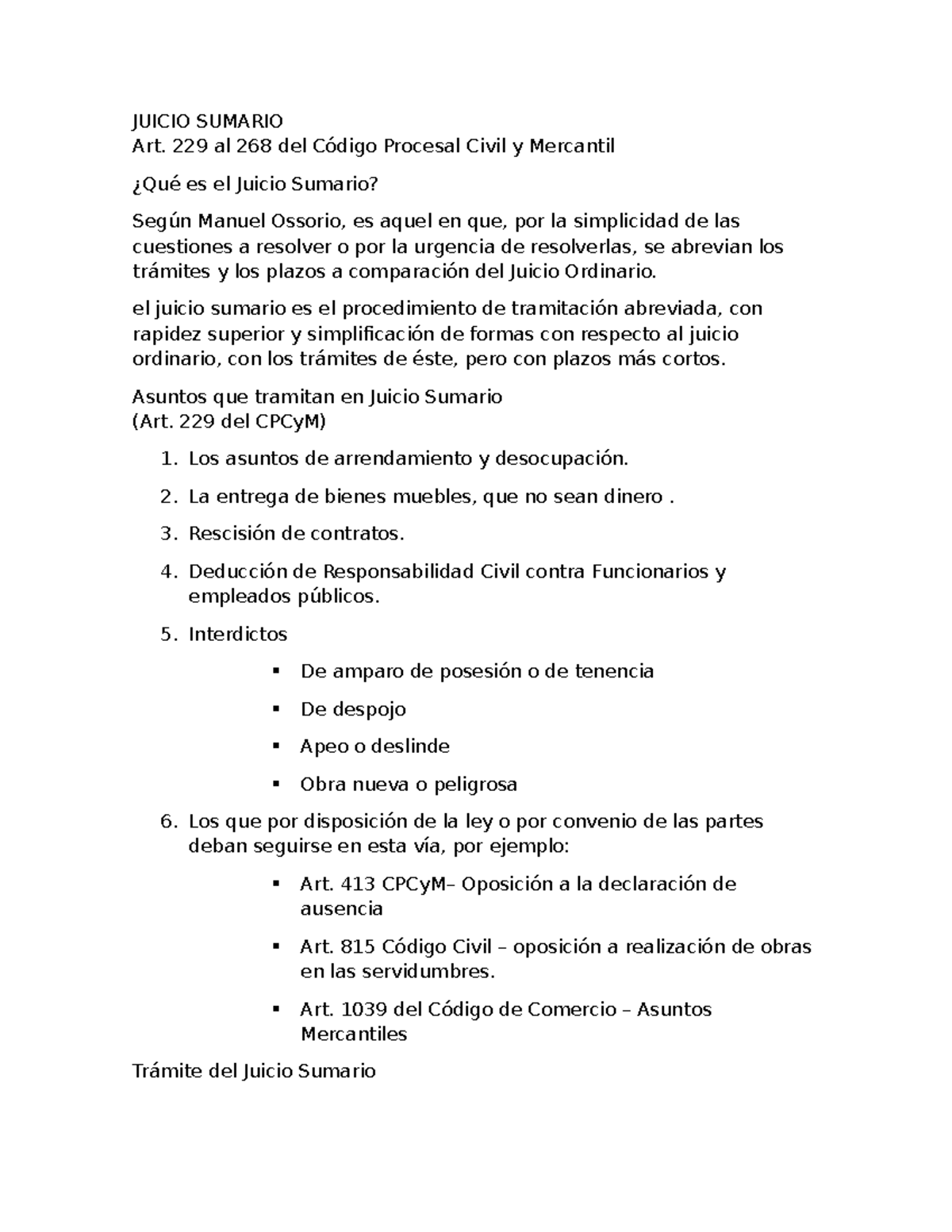Juicio Sumario: Procedimientos y Tipos según el CPCyM - Studocu