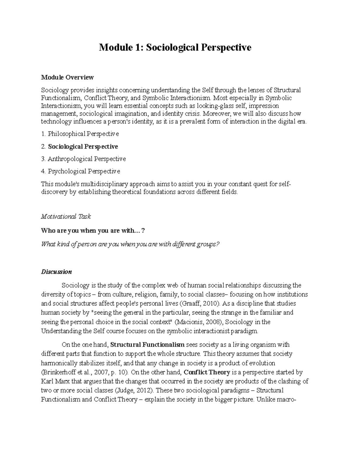 Module 1: The Sociological Perspective in Understanding the Self - Studocu