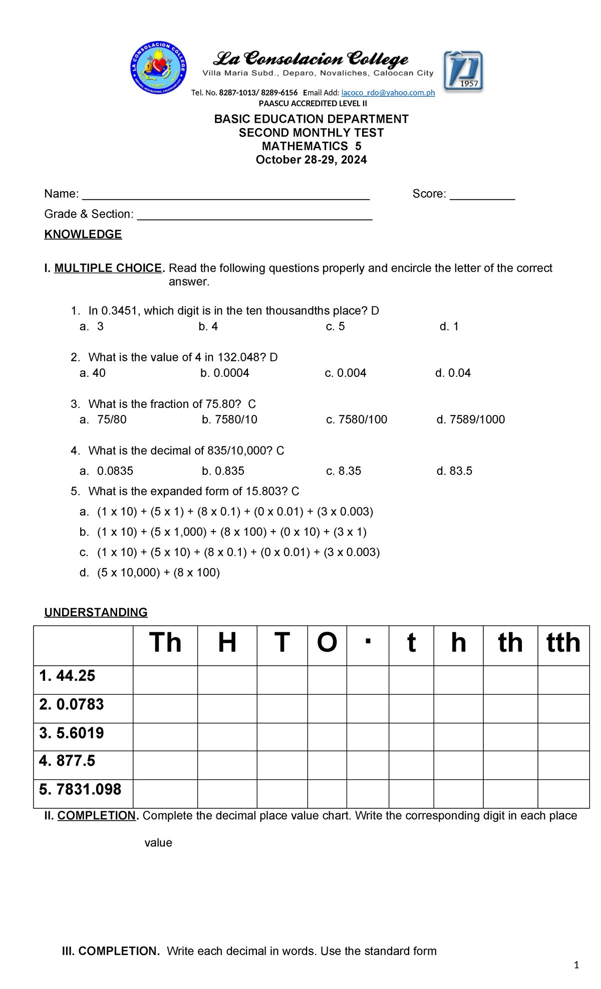 MATH-5-2ND Monthly-EXAM - BASIC EDUCATION DEPARTMENT SECOND MONTHLY ...