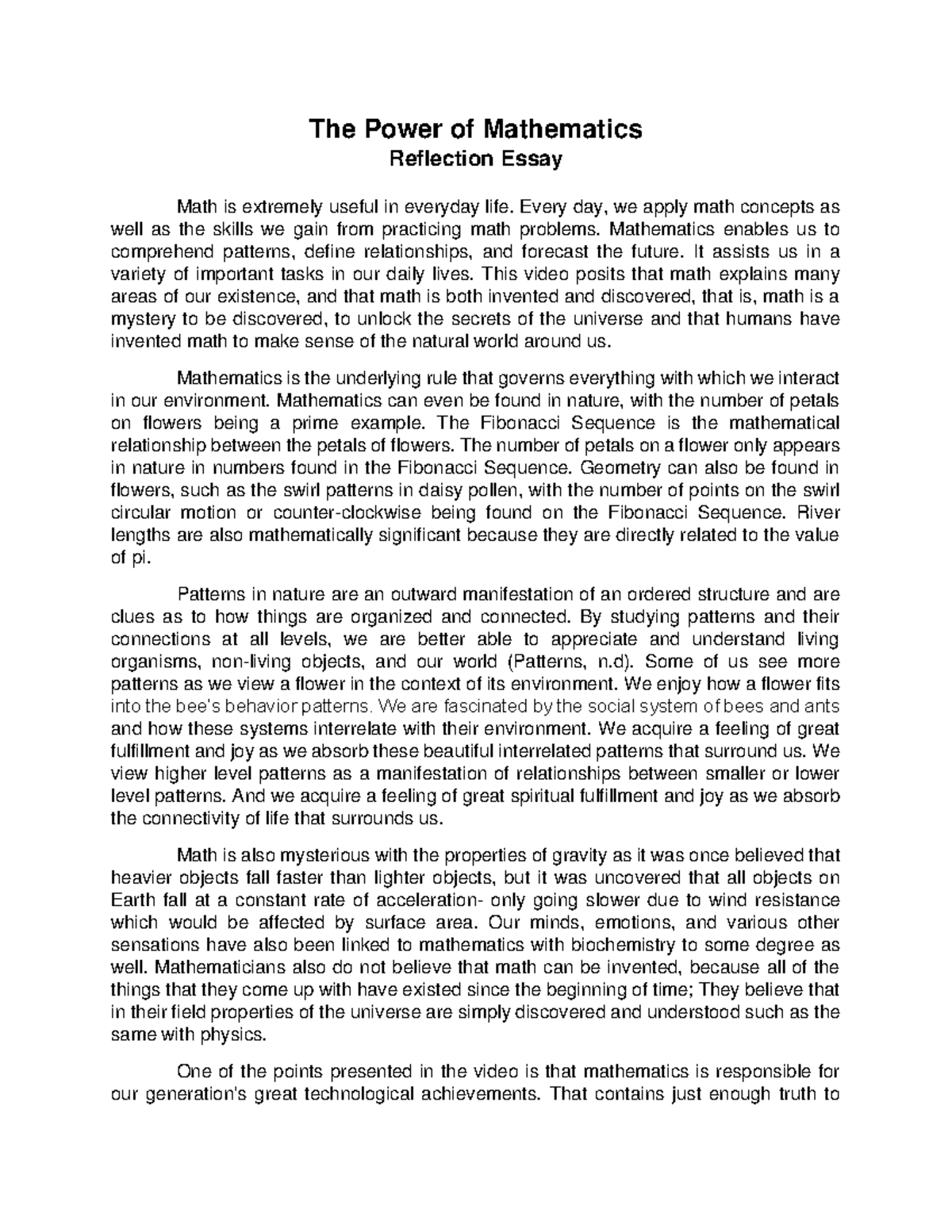 Reflection Essay on the Power of Mathematics in Daily Life - Studocu