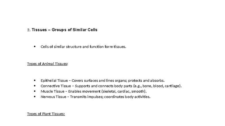 2. Cells and Tissues: Types and Functions of Animal & Plant Tissues - Studocu