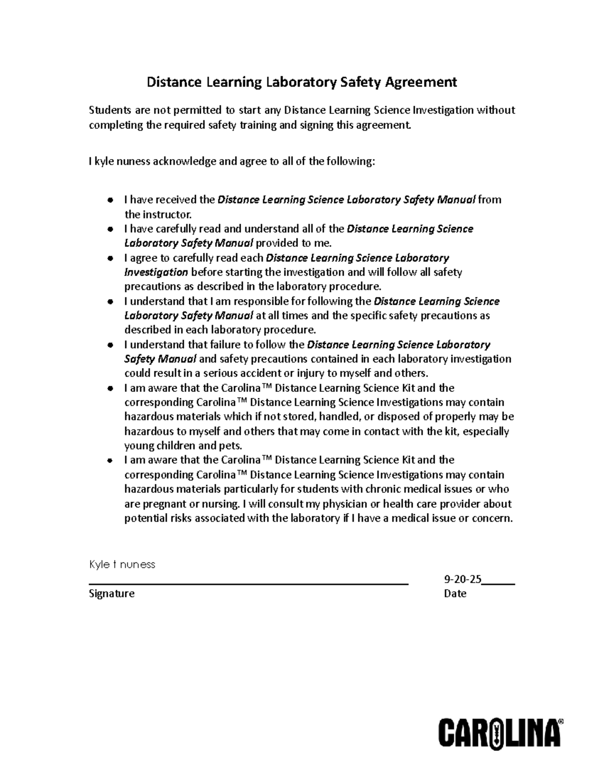 DL Lab Safety Agreement for Distance Learning Investigations - Studocu