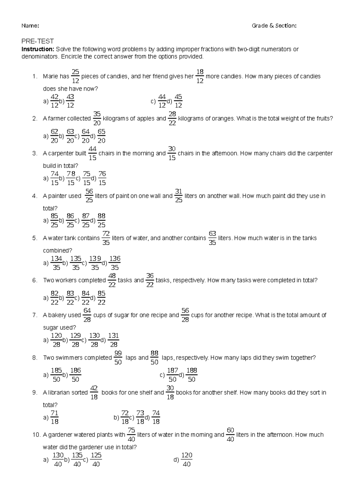 PRE-TEST - Name: Grade & Section: PRE-TEST Instruction: Solve the ...