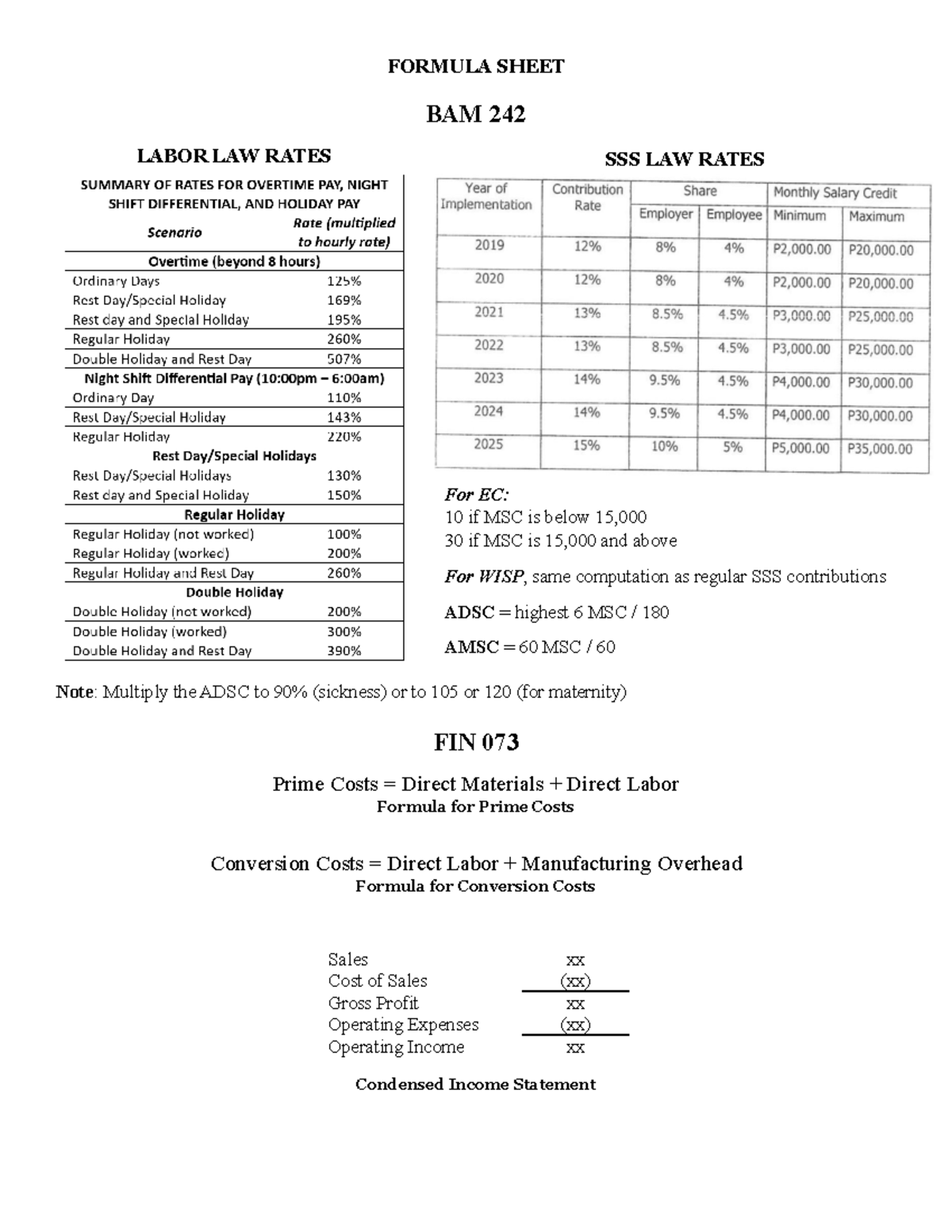 Formula Sheet for BAM 242 and FIN 073 - LABOR LAW RATES SSS LAW RATES ...