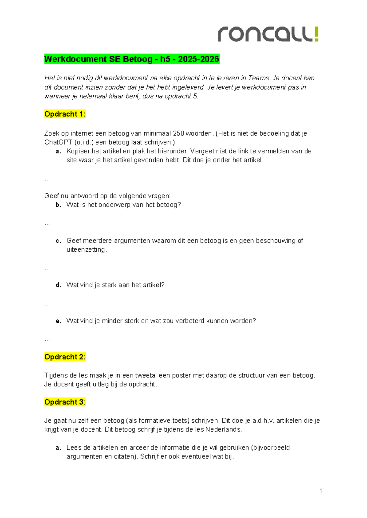 Werkdocument SE Betoog H5: Opdrachten en Structuur van een Betoog ...