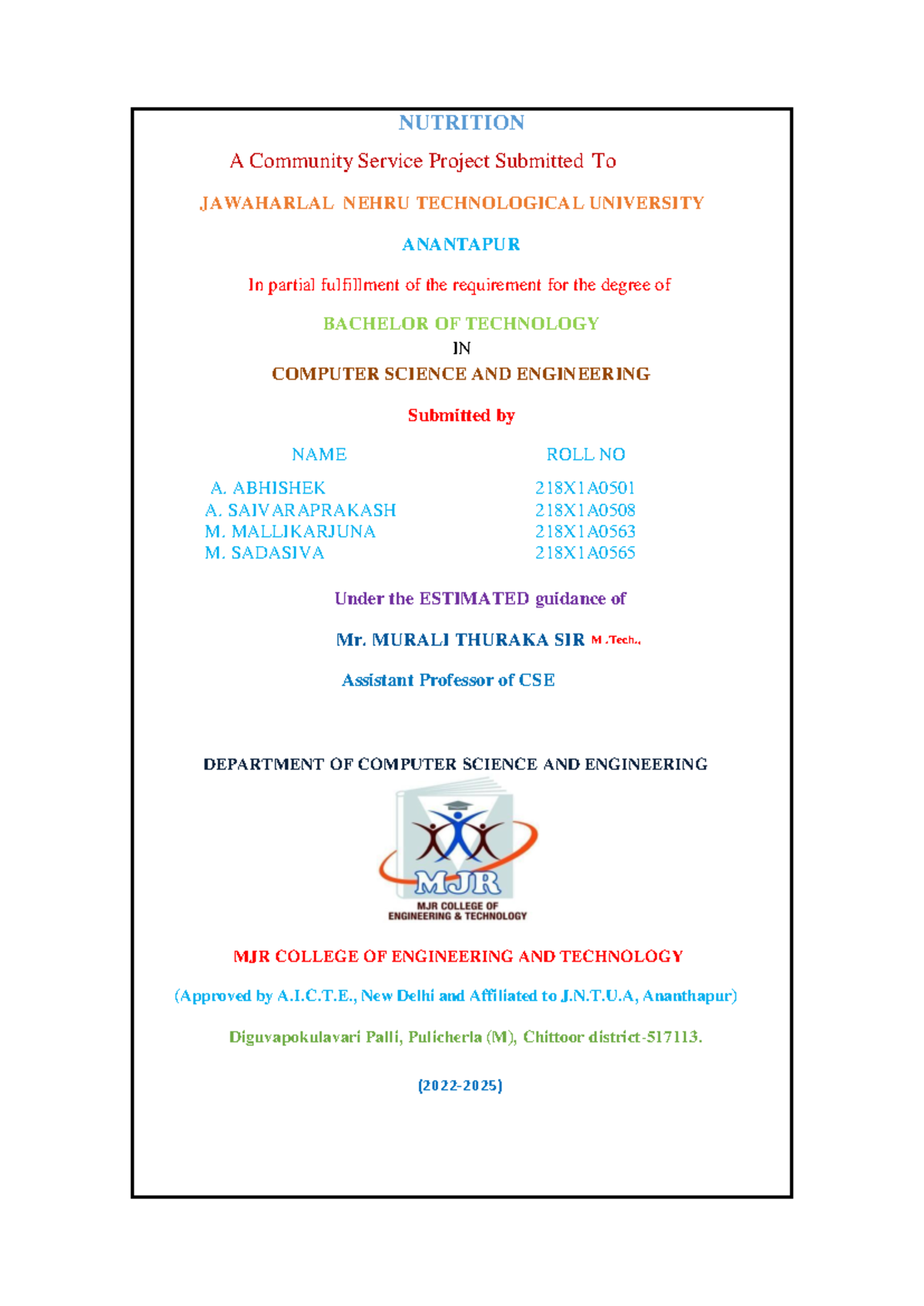 Nutrition Community Service Project - B.Tech CSE (JNTUA) 2022-2025 ...