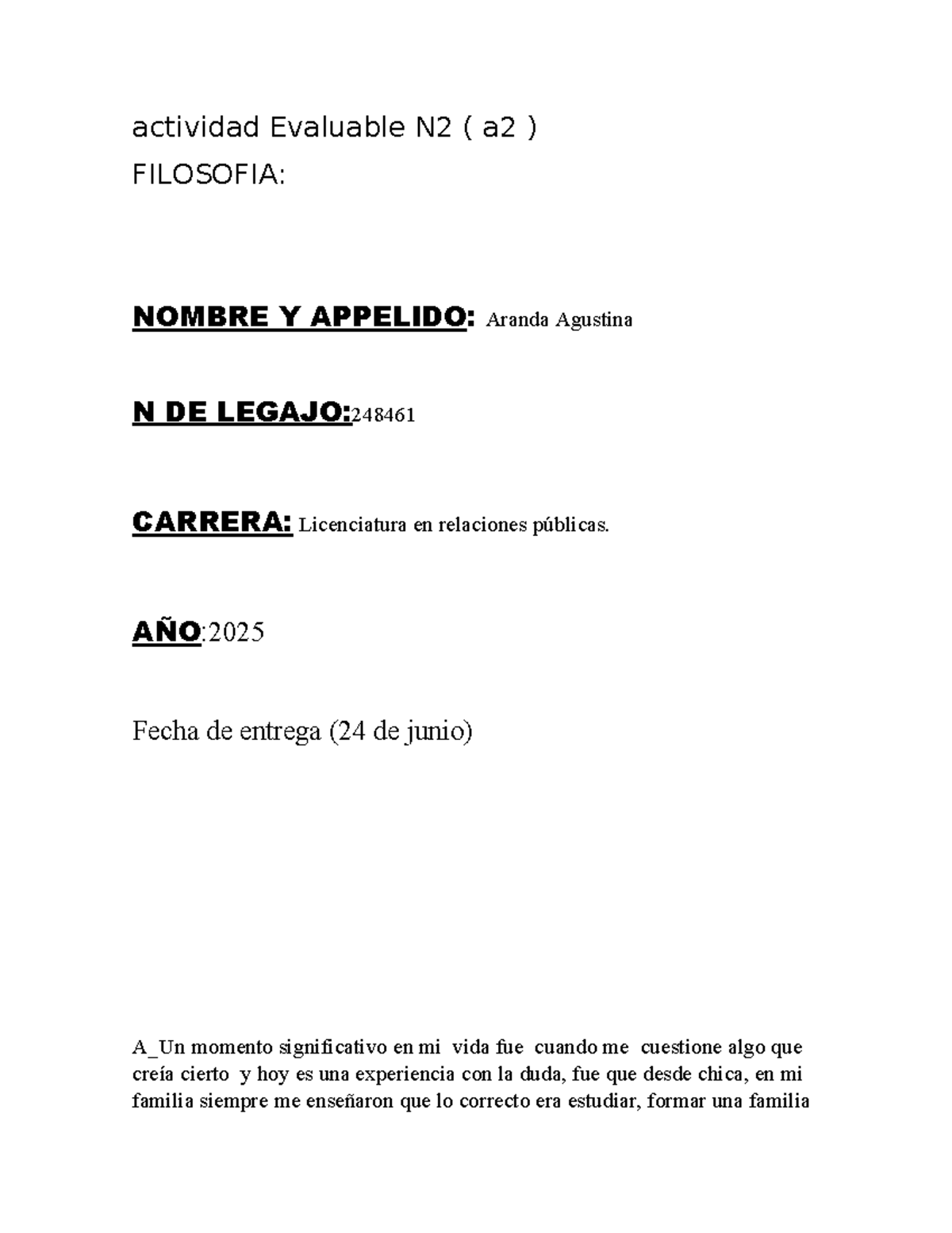 Reflexiones sobre la Duda: Actividad Evaluable N2 - Filosofía A2 - Studocu