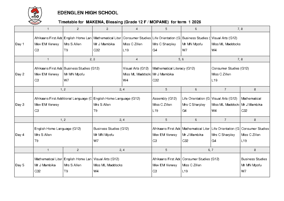 EDENGLEN HIGH SCHOOL Grade 12 Term 1 Timetable 2026 - Studocu