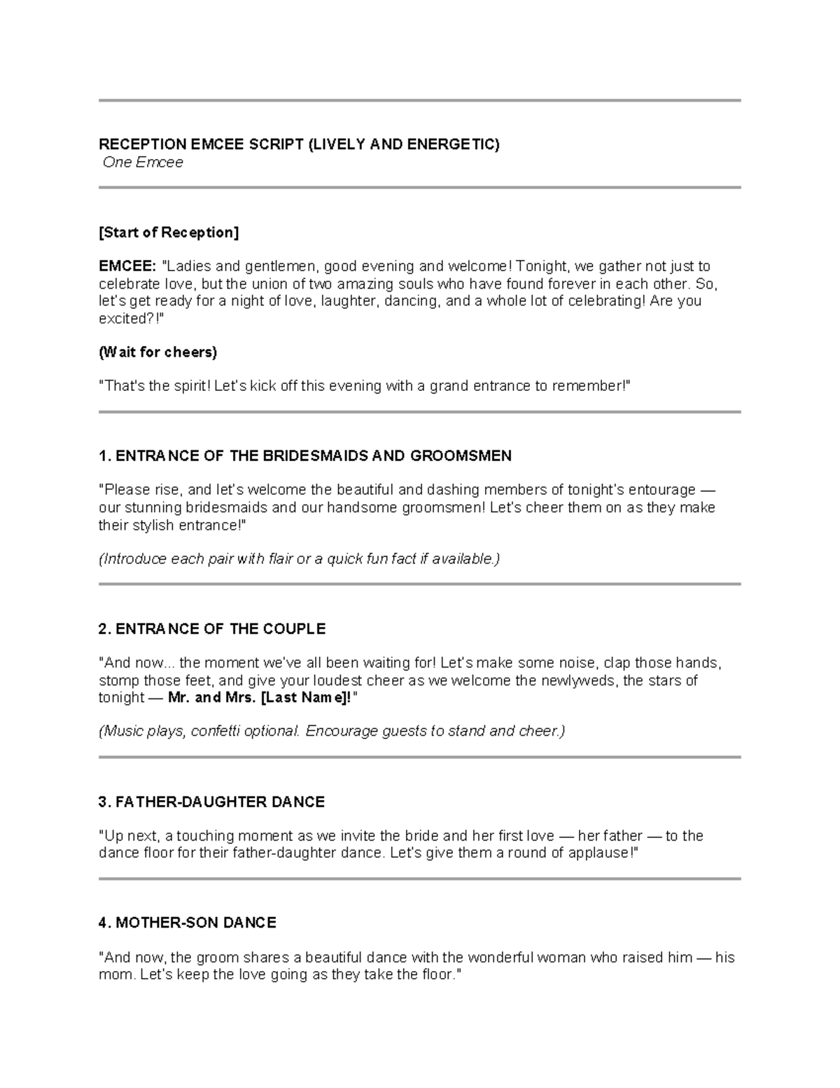 Reception Emcee Script (Lively & Energetic) for Wedding Celebration ...