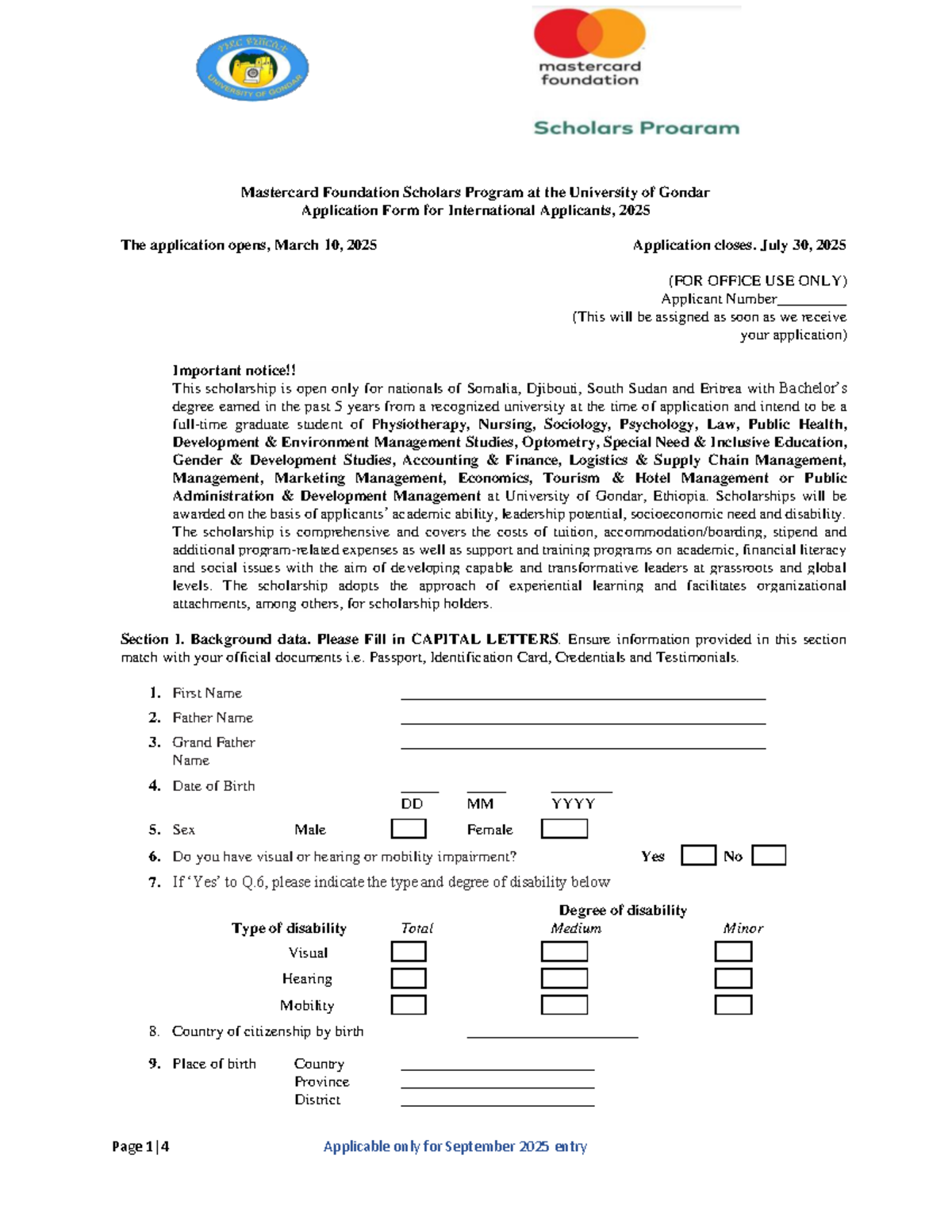 Mastercard Foundation Scholars Program Application Form for Int'l ...
