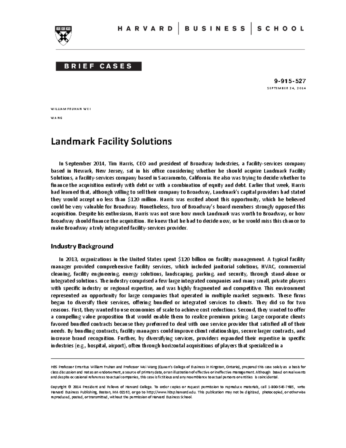 Case Study: Acquisition Analysis of Landmark Facility Solutions (915 ...