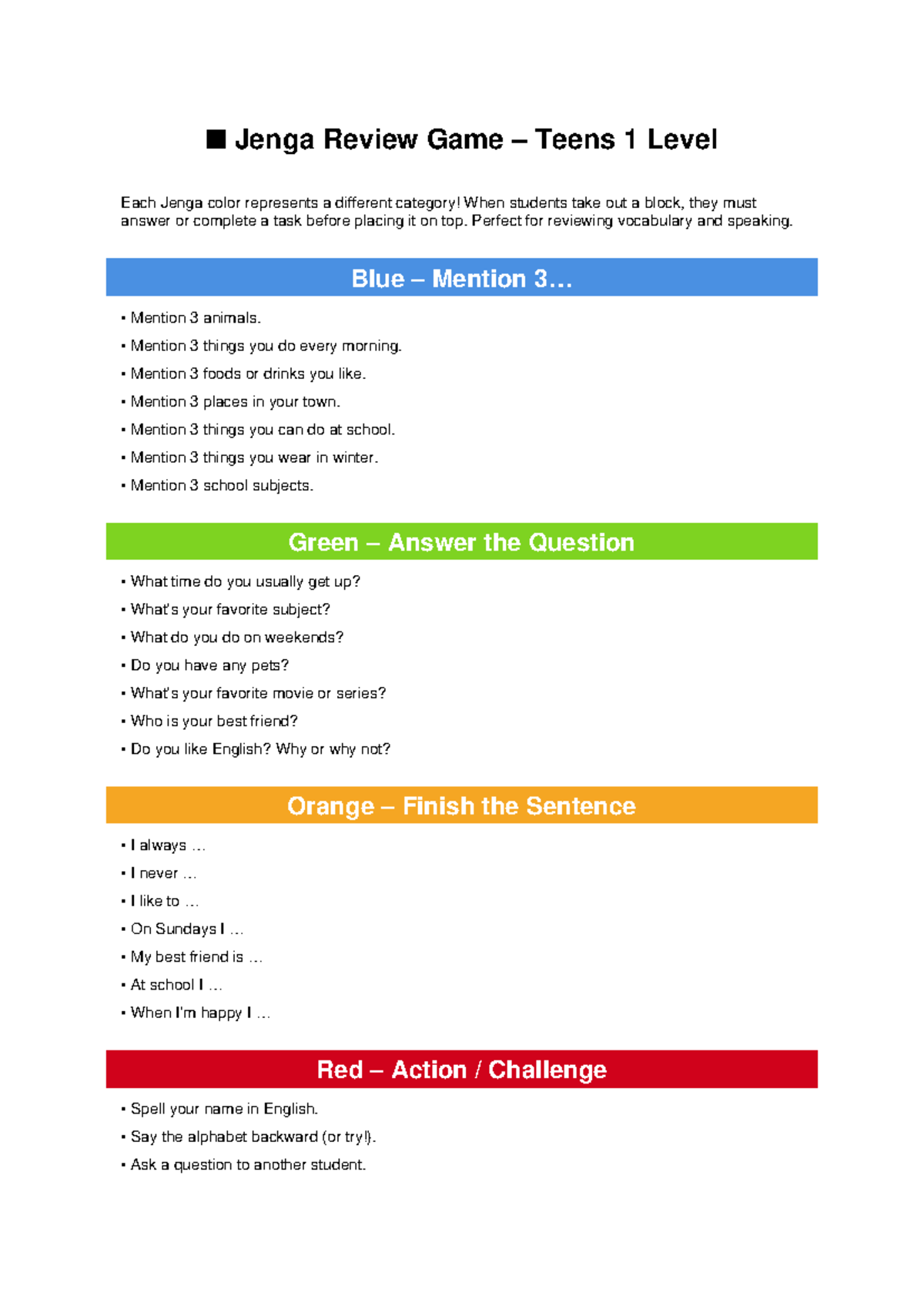 Jenga Review Game for Teens: Vocabulary & Speaking Tasks - Studocu